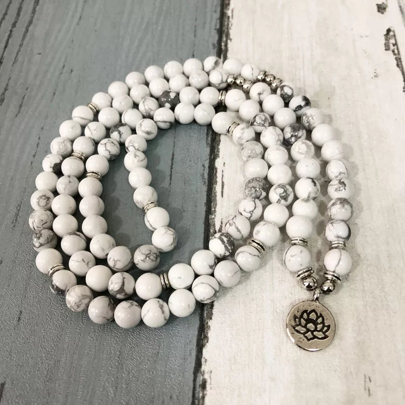 White Howlite Full Mala – Half Moon Malas